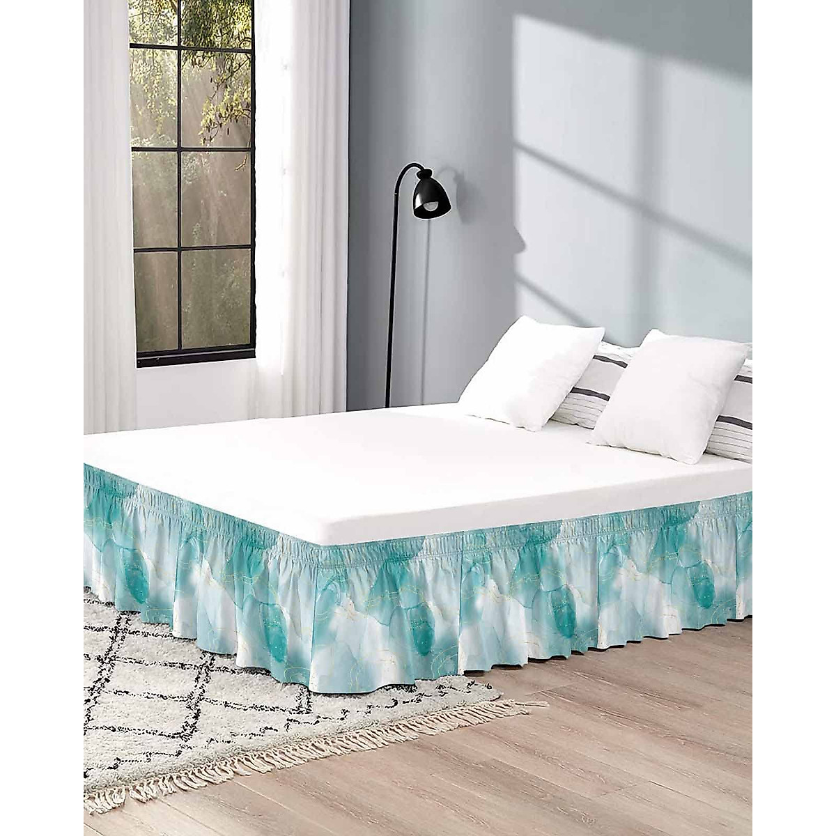 Marble Agate Bed Skirt Queen Size 16 Inch Drop, Adjustable & Elastic Wrap Around Bed Skirts Pleated Luxury Dust Ruffles for Twin Full Queen Cal King Base Bed, Marbling Gold Gradient Aqua Turquoise
