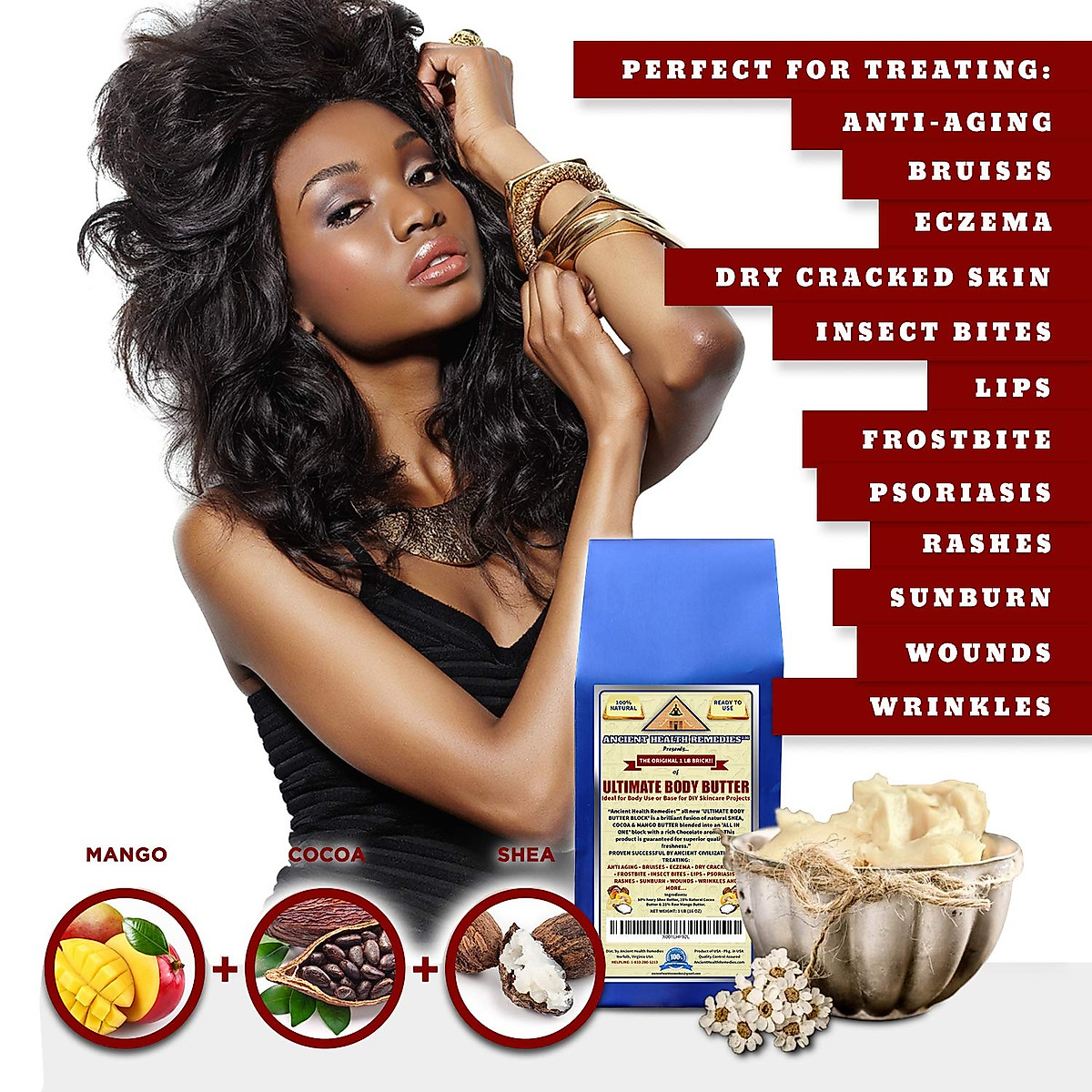 Ancient Health Remedies Organic Shea, Cocoa, Mango Butter ULTIMATE BODY BUTTER BLOCK 1 LB (16 oz) Raw, Unrefined Skincare Ingredient for Homemade DIY Lotion Making, Baby Care and Hand Cream (USA)