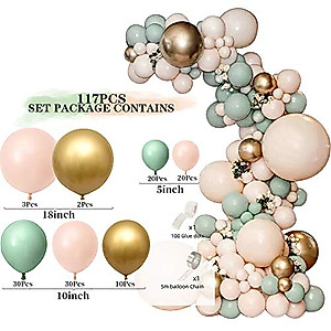 Topico 117 PCS Sage Olive Green Balloons Decor, Improved Design Sage Green Peach Blush Gold Balloon Garland Arch Kit, Jungle Safari Tropical for Baby Shower Wedding Birthday Theme Party Decorations Supplies