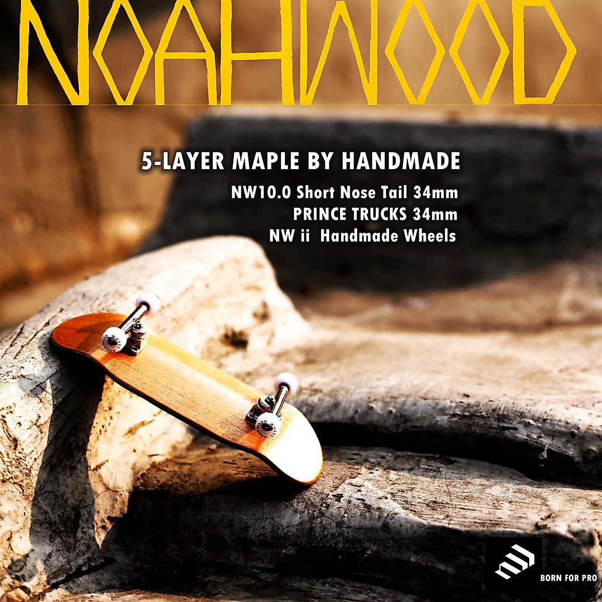 NOAHWOOD Wooden Fingerboard Complete Set (Noah Team 9S Short Nose Short Tail Deck) Hand Mould Made(+34mm Prince Silvery Trucks)(+NW Handmade PRO Wheels ii)(Brown)