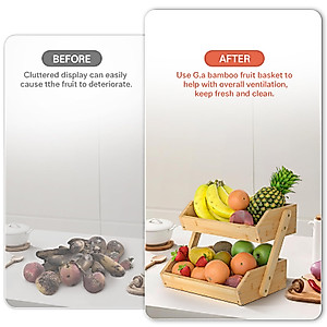 G.a HOMEFAVOR Large Bamboo Fruit Basket, 2-Tier Fruit Bowl for Kitchen Counter, Vegetable Storage Stand for Fruit Shop, 15 mm Thickness (Self-assembly)