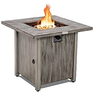 HAPPYGRILL 28” Propane Fire Pit Table, 40,000 BTU Outdoor Propane Gas Fire Table with Wood-Like Tabletop, Lid and Lava Rocks, Square Auto-Ignition Propane Firepit with PVC Cover