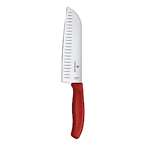 Victorinox 6.8521.17G Swiss Classic Santoku Knife for General-Purpose Slicing, Dicing, Mincing, and Everything In Between Fluted Edge Blade in Red, 6.7 inches