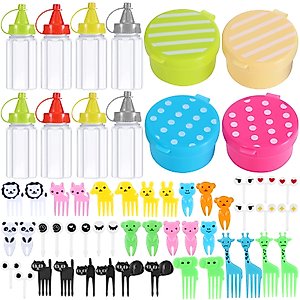 Zubebe 36 Animal Food Picks for Kids 8 Mini Condiment Bottles Ketchup Squeeze Bottle 4 Sauce Container Lunch Bento Box Accessories