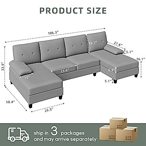 Shintenchi Sectional Couches for Living Room, U Shaped Sofa Couch with Double Chaise, 4-Seat Living Room Furniture Sets with Soft Cushion & Linen Fabric, Light Grey
