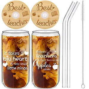 Gerrii 2 Pieces Teacher Gifts For Women Teacher Appreciation Gift Teacher Glass Cup 16 oz Drinking Glass Iced Coffee Glass Cup with Bamboo Lid and Straw