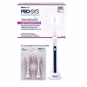 PRO-SYS VarioSonic Orthodontic for Braces, Dentures, Dental Implants Electric Toothbrush, Extra Soft Replacement Dupont Brush Heads, Rechargeable Power ADA Accepted Smart Sonic Toothbrush with Timer