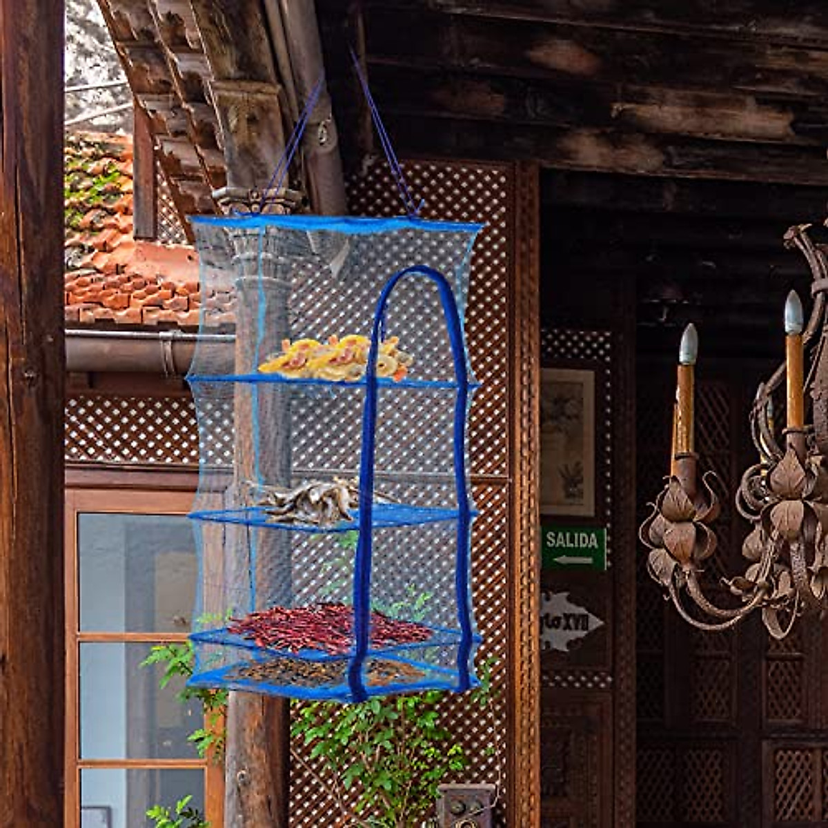 Cunno 4 Pcs Herb Drying Rack 4 Layer Hanging Drying Net Folding Fish Mesh with Zippers Non Toxic Nylon Netting for Fish Vegetables Meat Herb Fruit Plants Net Dry Cage, Blue, 13.8 x 13.8 x 25.6 Inch