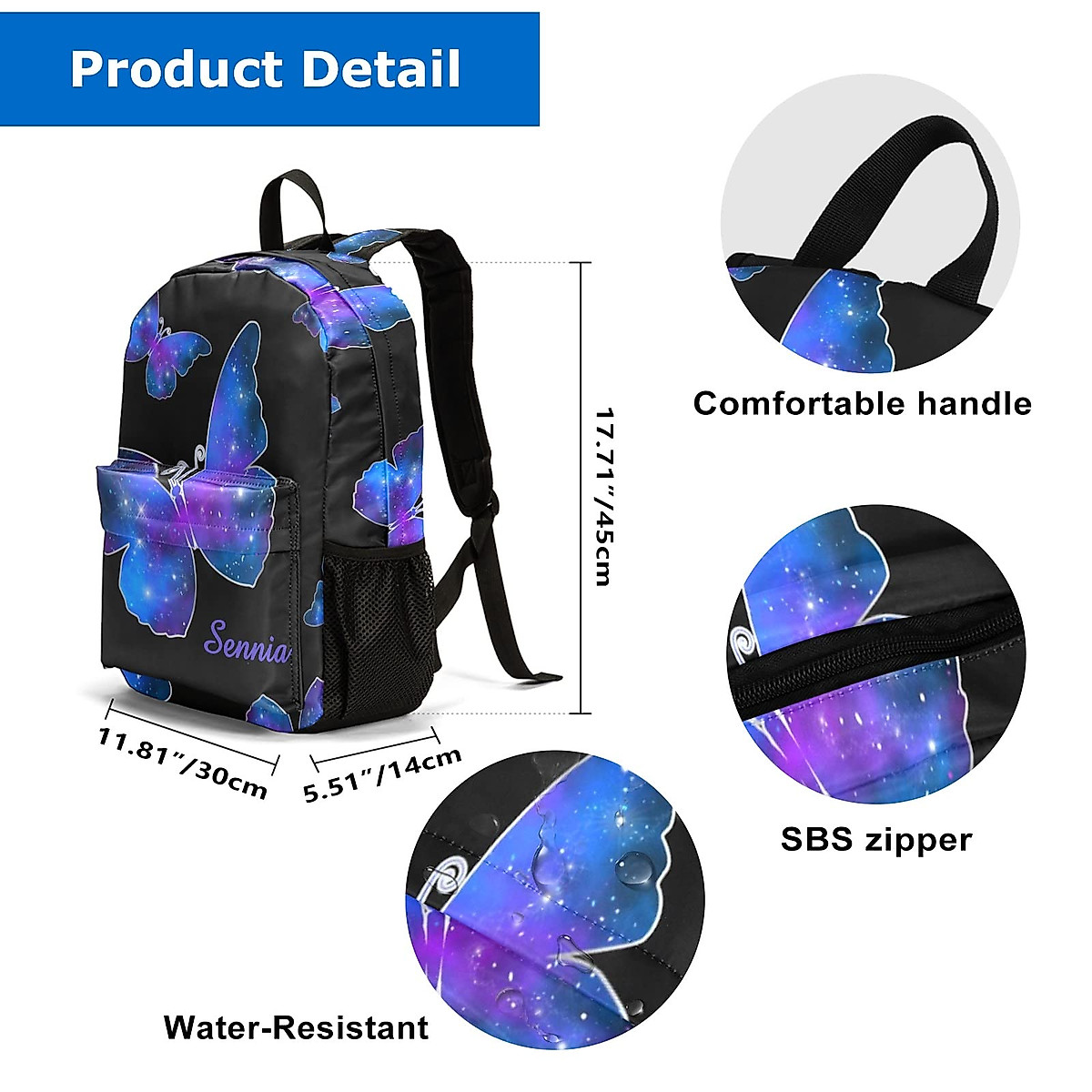 Personalized School Backpack,Galaxy Butterfly Custom Casual 17 Inch Durable Bag for Girls Boys