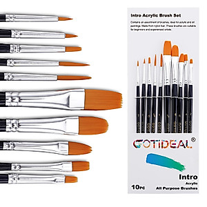 GOTIDEAL Acrylic Paint Brush Set,10 Pcs Assorted Nylon Hair Brushes for All Purpose, Acrylic, Watercolor, Oil and Gouache Painting，Perfect Paint Brush for Kids & Adult (10PACK)