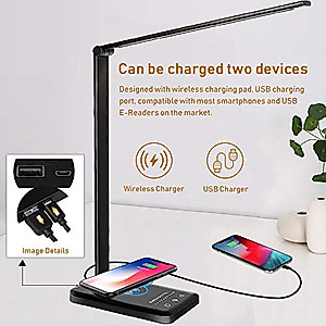 mchatte LED Desk Lamp with Wireless Charger, USB Charging Port, Dimmable Eye-Caring Desk Light with 5 Brightness Levels & 5 Lighting Modes, Touch Control, Auto Timer (Black)