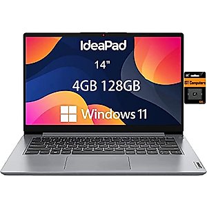 Lenovo Ideapad 1i 14" HD (Intel Celeron N4020, 4GB RAM, 128GB Storage (64GB eMMC + 64GB SD Card), UHD Graphics) Home & Education Laptop, Anti-Glare, Webcam, Wi-Fi 6, Type-C, Win 11 Home in S Mode