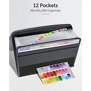 Sooez 13 Pocket Expanding File Folder with Zipper Closure, Accordion File Folder Document Organizer Expanding Zip File Folder with Sticky Labels, Letter A4 Paper Document Accordion Folder, Black