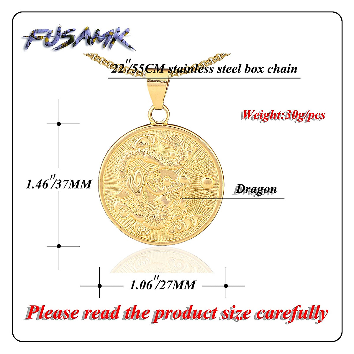 Fusamk Hip Hop 18K Alloy Dragon Round Tag Pendant Coin Necklace(Gold)