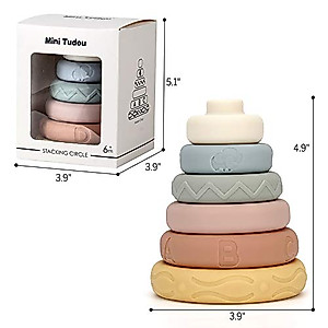 Mini Tudou 6 PCS Baby Stacking & Nesting Toys, Soft Stacking Blocks Ring Stacker, Baby Sensory Teether Toys with Letter, Animal and Shape, Early Learning Toys for Babies Toddlers Kids 6 Months