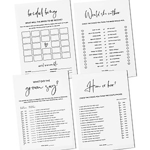 Bridal Shower Games - Set of 4 Bridal Shower Games for 30 Guests, Double-Sided Thick Cards, Minimalist (30 Pack)