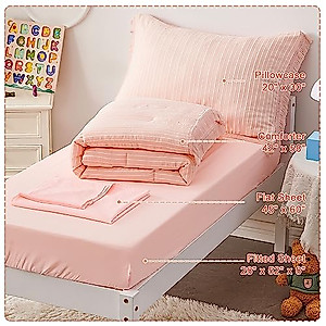 SUCHDECO Light Coral Toddler Bedding Set for Girls Pink Comforter Sets with Jacquard Stripes, Tassel Fringe 4 Pieces - Comforter, Fitted Sheet, Flat Sheet, Pillowcase