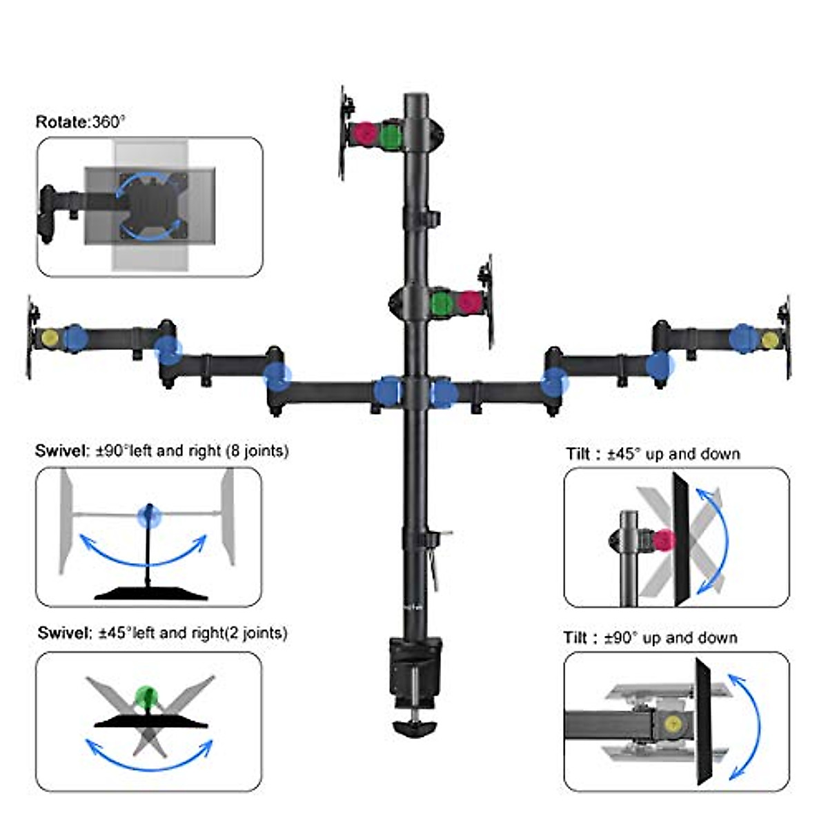 suptek Quad LED LCD Monitor Stand up Desk Mount Extra Tall 31.5 inch Pole Heavy Duty Fully Adjustable Stand for 4 (3+1) / Four Screens up to 27 inch (MD6864)