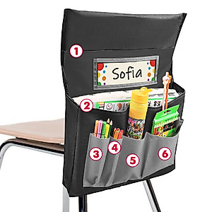 AUVCAS Black Chair Back Pocket School Seat Chair Storage Pocket Organizer with Label Slot Multiple Pockets for School Home Classroom Preschool Daycare