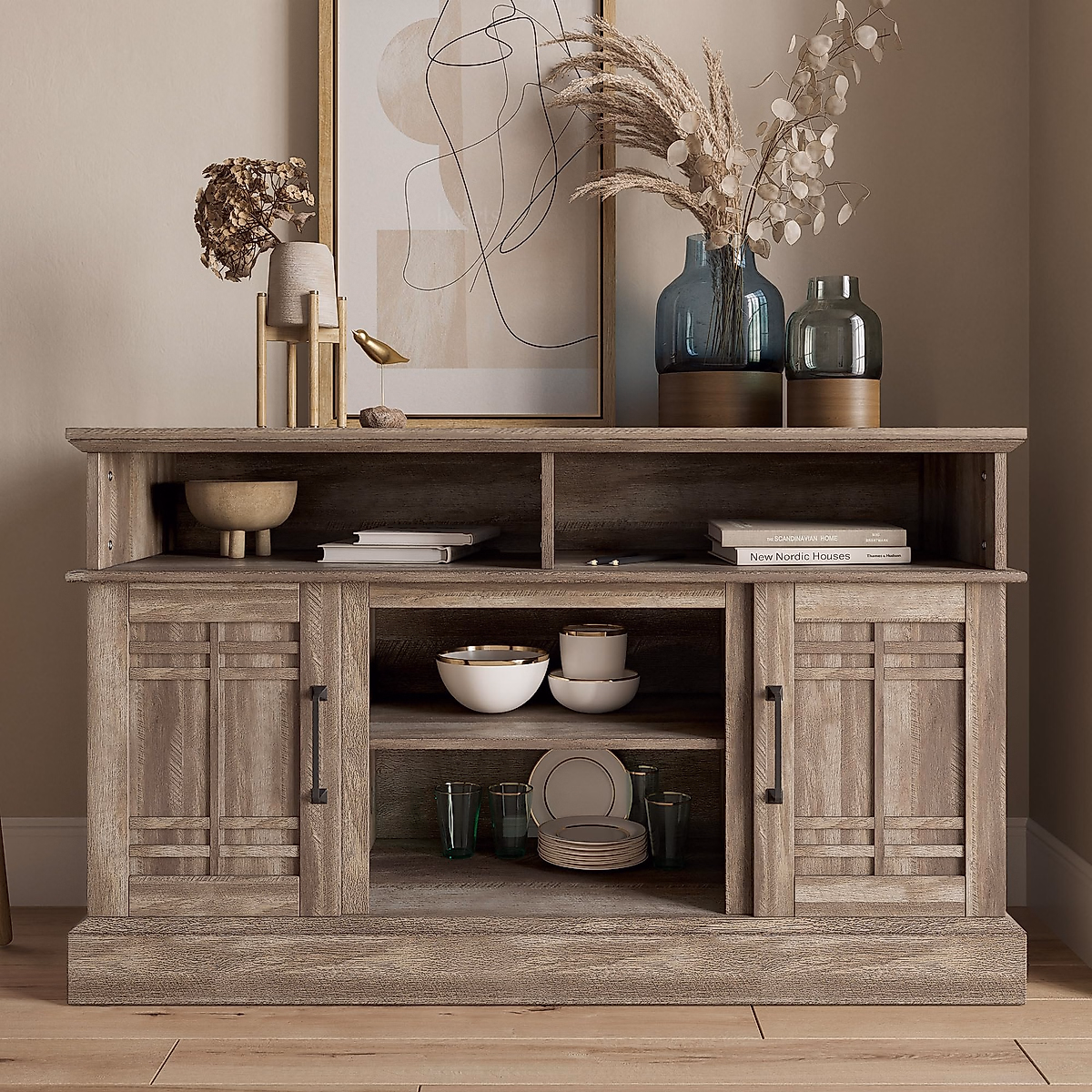 BELLEZE Modern 48" Farmhouse Wood TV Stand & Media Entertainment Center Console Table for TVs up to 50 Inch with Open Storage Shelves & Cabinets - Norrell (Ashland Pine)