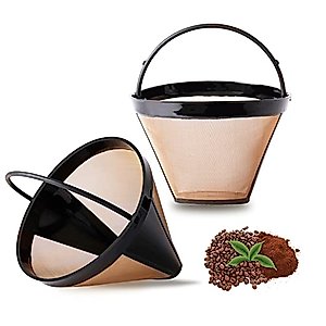 KEEPOW Reusable Cone Coffee Filters #4, 2-Pack 8-12 Cup Gold Permanent Coffee Filter Basket for Cuisinart/Ninja Dual Brew Pro CFP301/ Hamilton Beach, Size 04 Pour Over Coffee-maker Dripper Accessories