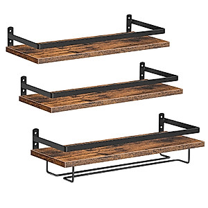 HOOBRO Wall Mounted Wine Rack 3 Pack, Wine Shelf Hanging Floating Wall Shelves, Wine Glass Bottle Rack Stemware Holder, for Living Room, Dining Room, Kitchen, Rustic Brown and Black BF34BJ01