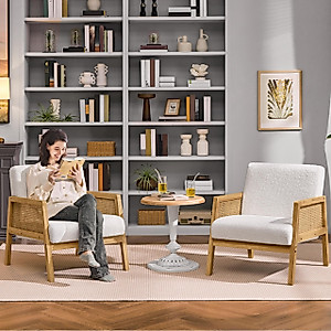 Yaheetech Boucle Fabric Accent Chair, Vintage Rattan Vanity Chair with Wood Armrest and Legs for Living Room Bedroom Makeup Room, Ivory 1