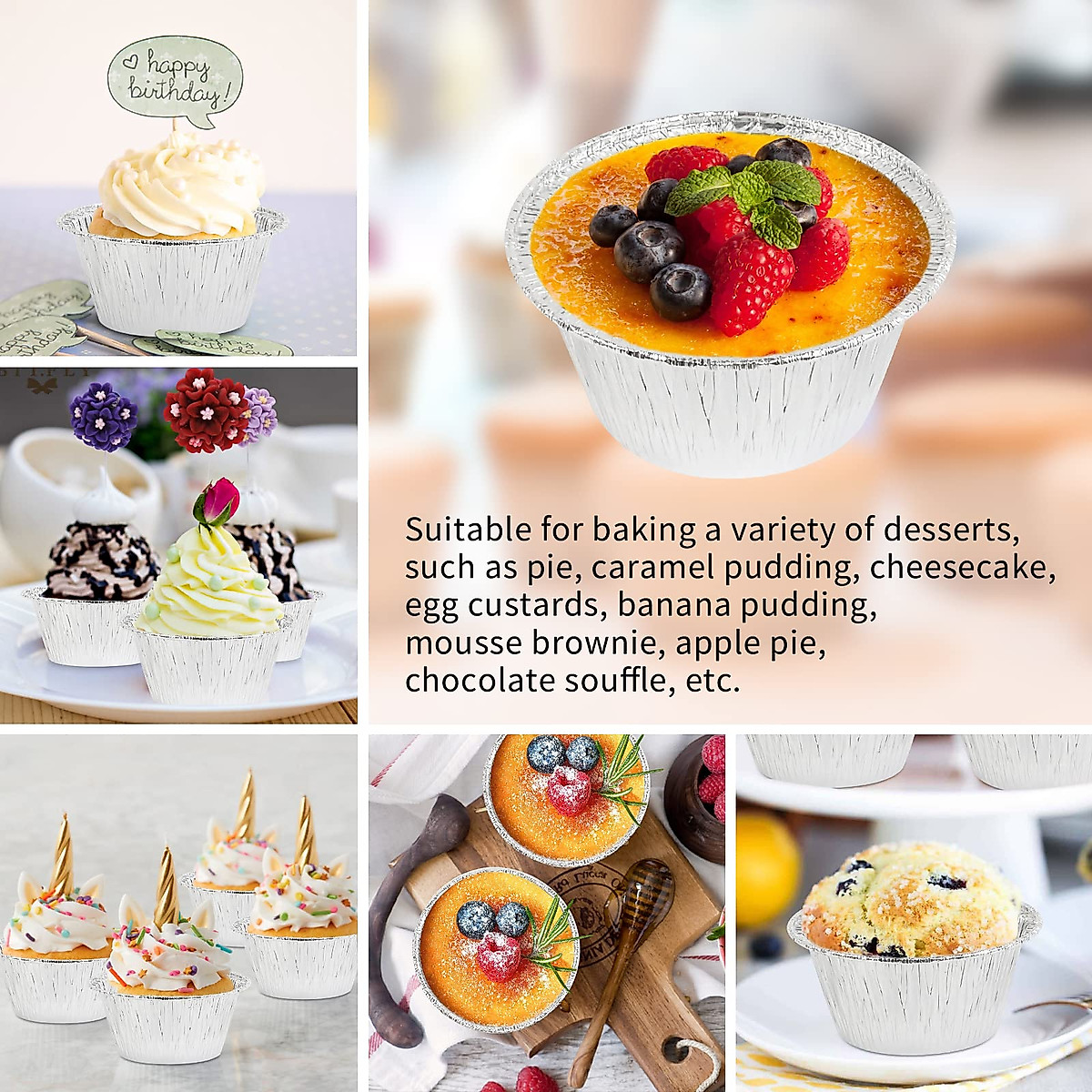 Aluminum Foil Baking Cups, Disposable Ramekin 2.4 Oz Silver Foil Cupcake liners, 200 Pcs Aluminum Baking Cups Egg Tart Liners for Baking, Cupcake, Pudding, Muffin , Creme Brulee