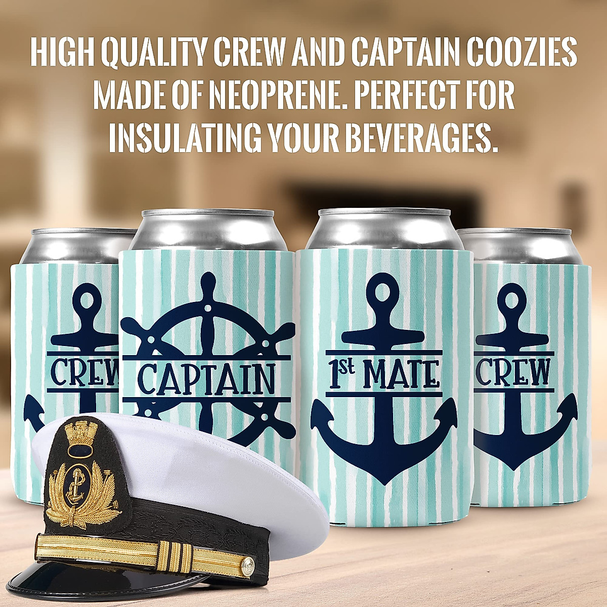The Navy Knot Personalized Can Cooler Sleeves - Slim Cans Beverage Foldable Cooler Sleeves, Sweat-Proof Can Huggers for 12oz Beverage Bottles, Cool Boat Accessories, 4 Pk (Nautical Captain & Crew)
