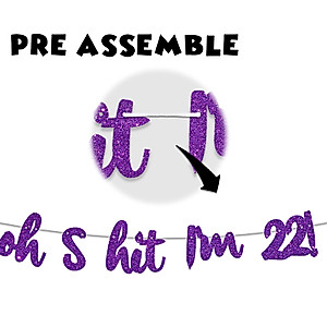 Oh S*it I’m 22! Banner Backdrop Glitter Purple Hello 22 Cheers to 22 Years Old Theme Decorations Decor for Man Woman Happy 22nd Birthday Party Supplies Photo Studio Prop Favors