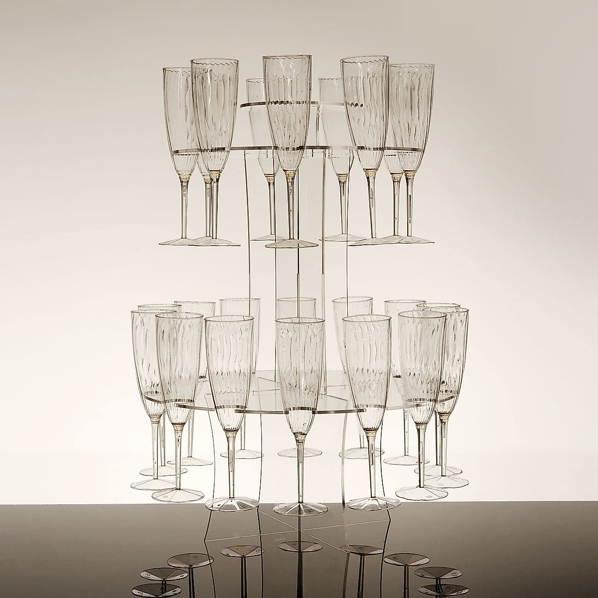TABLECLOTHSFACTORY 3-Tier Round Clear 21" Acrylic Champagne Glasses Flutes Display Stand, Wine Glass Rack Tower - Holds 23 Stemware + 1 Bottle
