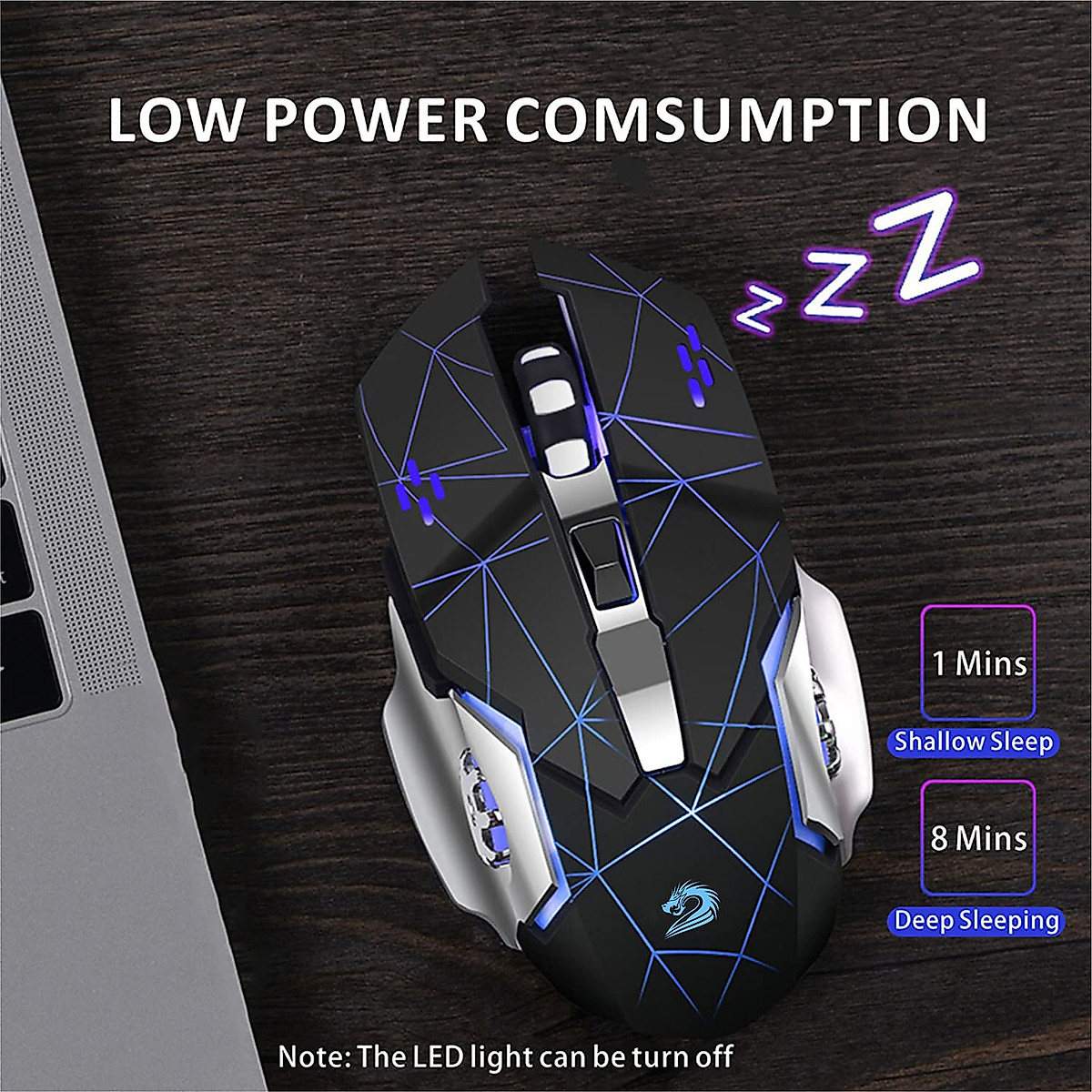 Uciefy Q85 Rechargeable Wireless Gaming Mouse, 2.4G LED Optical Silent Wireless Computer Mouse with 4 LED Light, 3 Adjustable DPI, Ergonomic Design, Auto Sleeping (Starry Black)