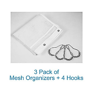 Bsagve 3 Pack Hanging Mesh Shower Caddy Organizer with 6 Pockets, Shower Curtain Rod/Liner Hook Fabric Storage Bag Bathroom Door Hanger, Dorm RV Space Saving, Kids Bath Toy Organizers with 4 Rings