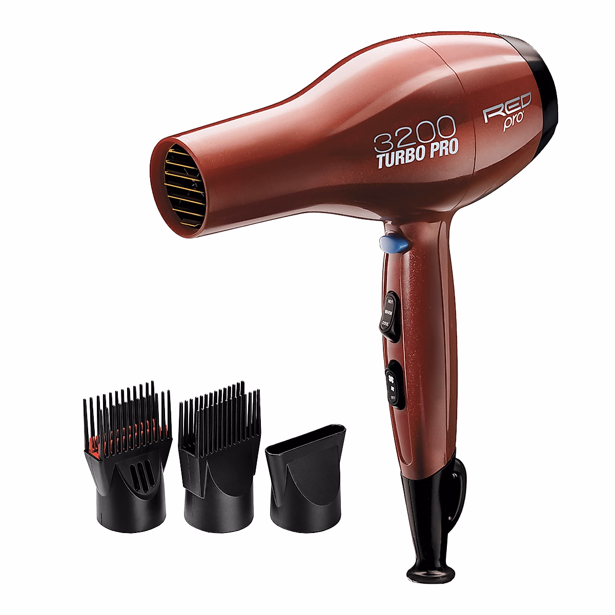 RED PRO 3200 Turbo Pro Detangler AC Hair Dryer, 3 Heat/2 Speed Settings, Cool Shot Button, Powerful Airflow, 3 Additional Styling Attachments with Detangling Pik
