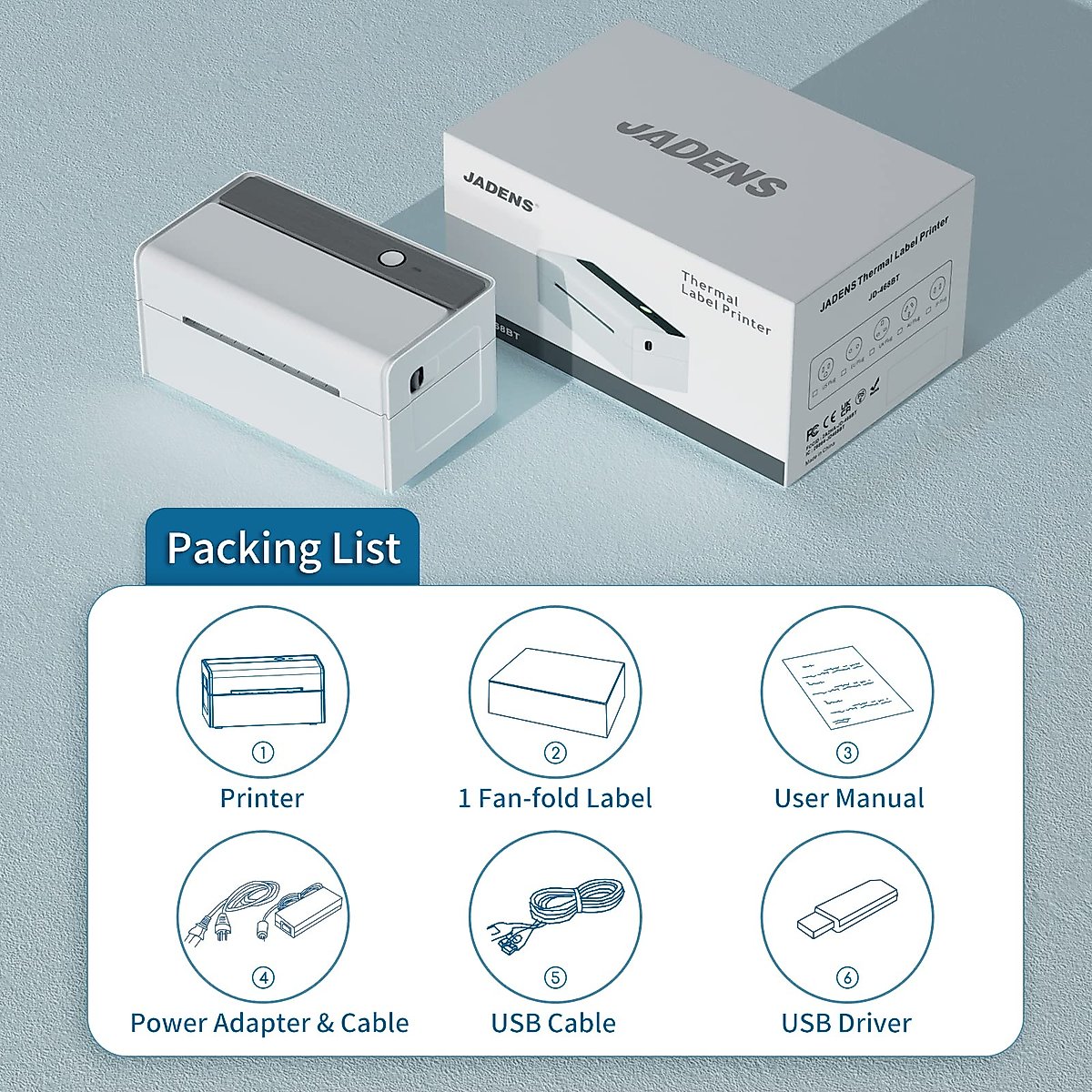 JADENS Bluetooth Thermal Label Printer -Wireless Shipping Label Printer for Small Businesses & Package, USPS, Etsy, Amazon, Compatible with iPhone, Windows, Android, 4x6, Label Maker, White