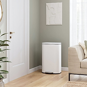 FINETONES Trash Can, Stainless Steel Garbage Can with Silent Lid, Durable Pedal & Inner Bucket, Pedal Garbage Bin for Kitchen Inside Outside (50L, White)