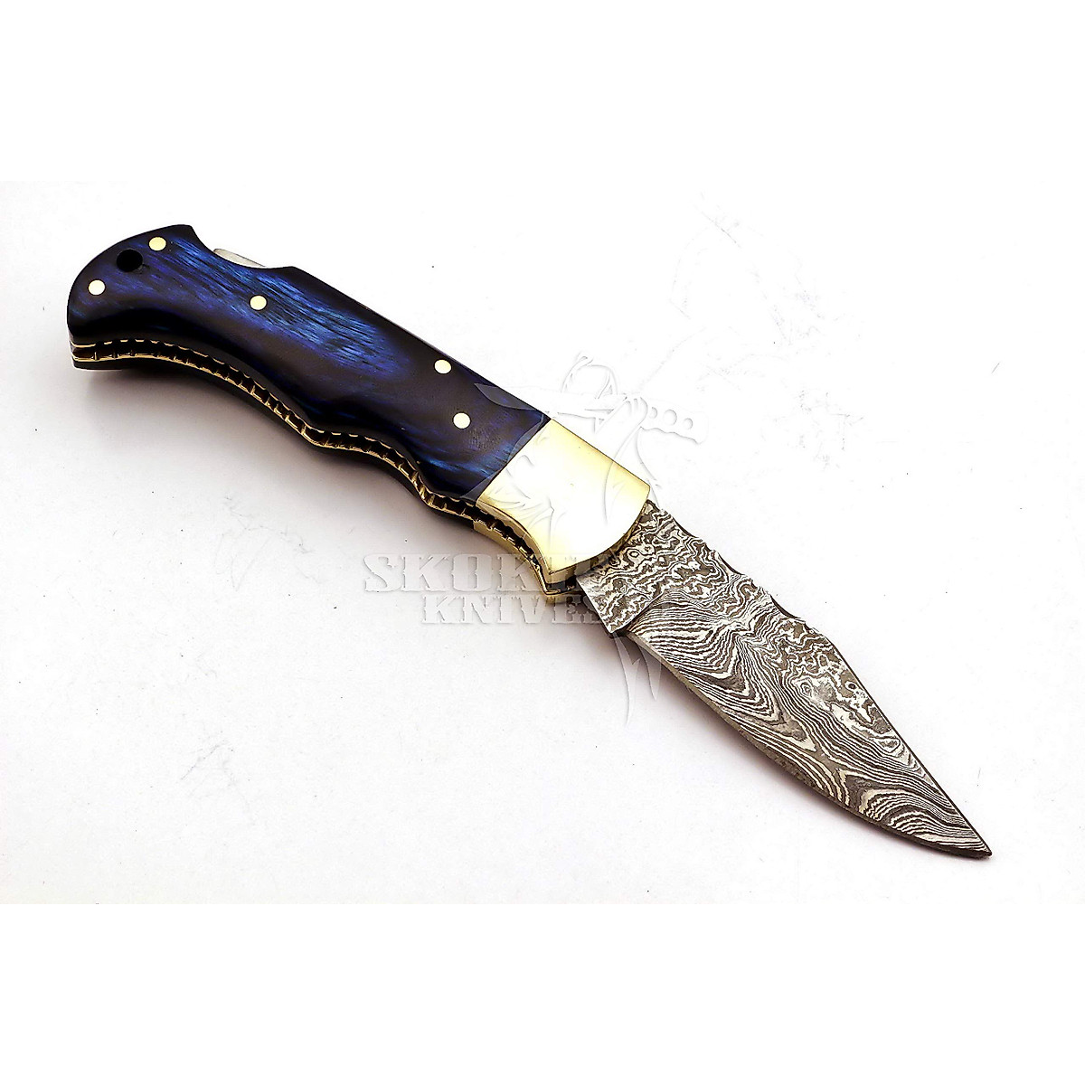 Skokie Knives Custom Hand Made Damascus Steel Hunting Folding Knife Handle Pakka Wood