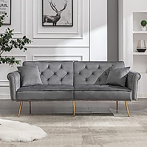civama Futon Sofa Bed, Velvet 76" Twin Size Couch with 2 Pillows, Convertible 3-Seater 3 Adjustable Angle Tufted Sleeper with Nailhead Trim, Golden Metal Legs Folding Futon for Living Space, Gray