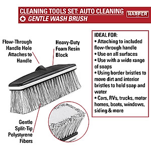 Harper 37518600 6-Piece Car Wash Brush Set with Telescoping Flow-Through Handle, (3) Brush Heads, (1) Soft Hand Brush and (1) Stiff Hand Brush