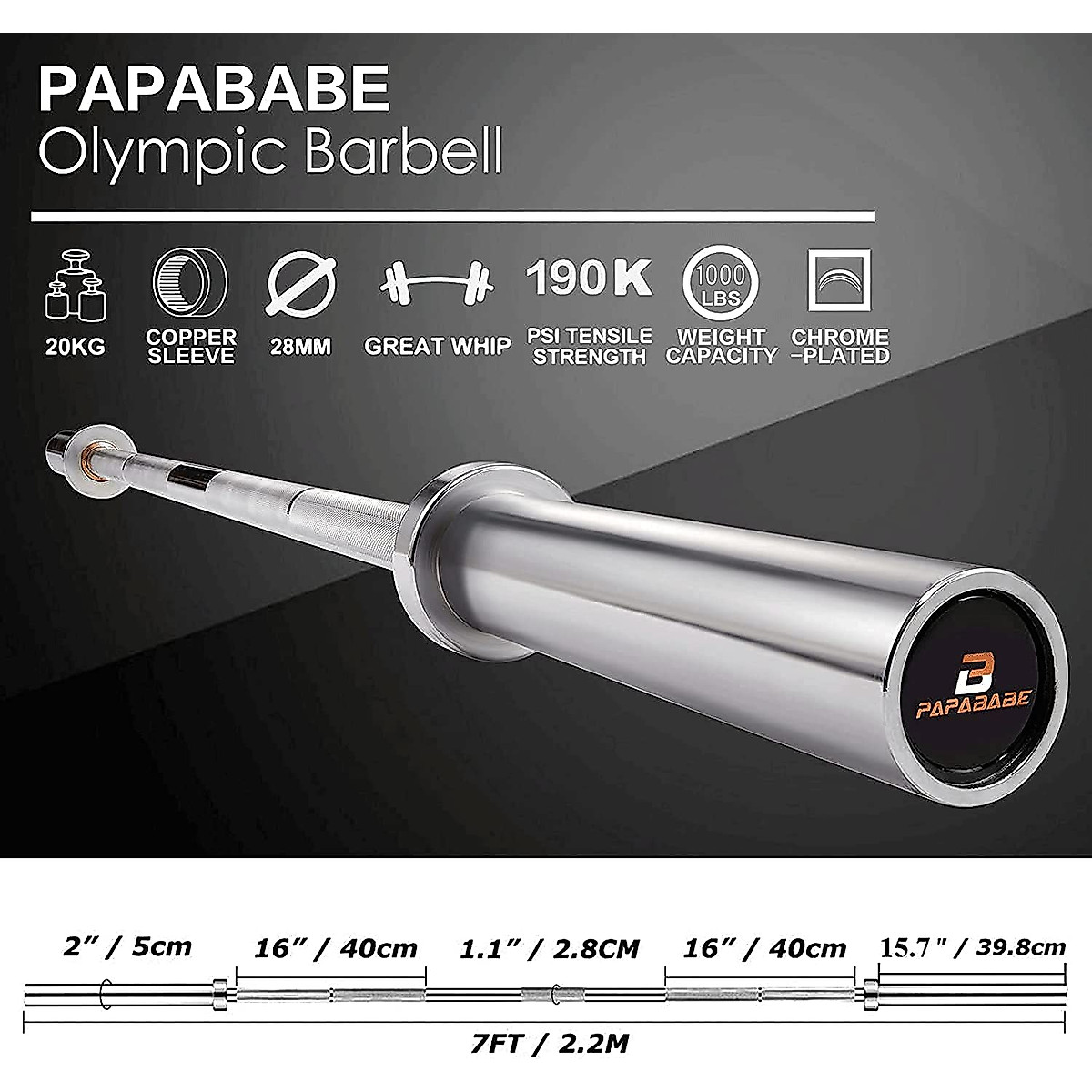 PAPABABE Olympic Bar 7-Foot Solid Chrome Barbell Weights Lifting Power Lifting (2-inch)