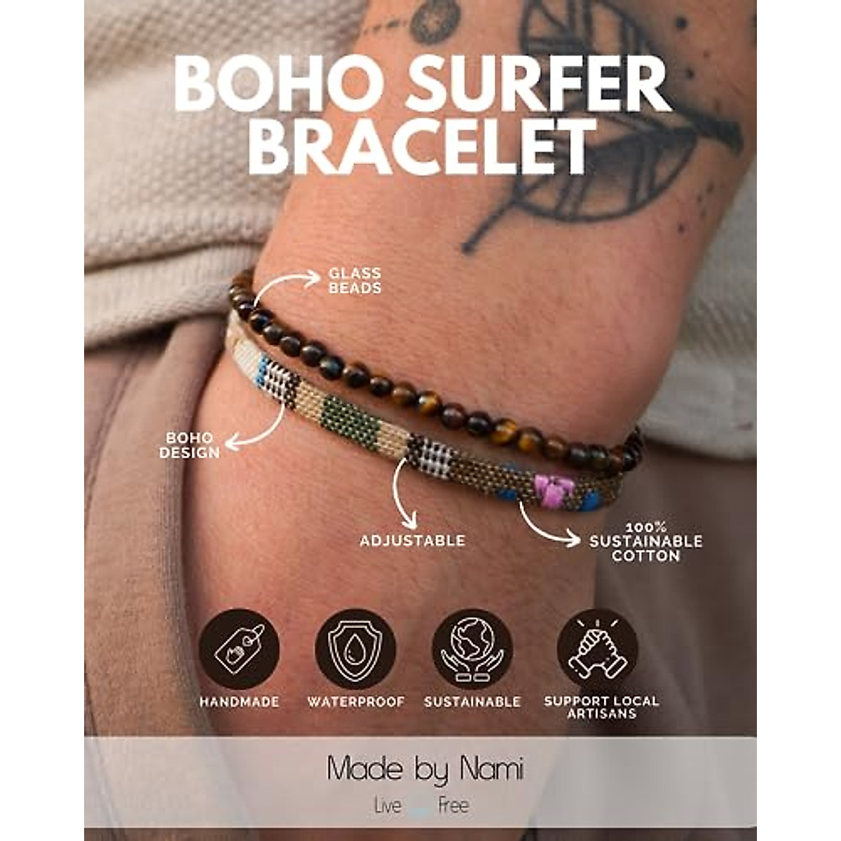 2x Boho Surfer Bracelet Set Women & Men - Handmade Summer Beach Bracelets - Adjustable & 100% Waterproof - Festival Accessories - Beaded & Braided (Tiger-Eyes & Safari)