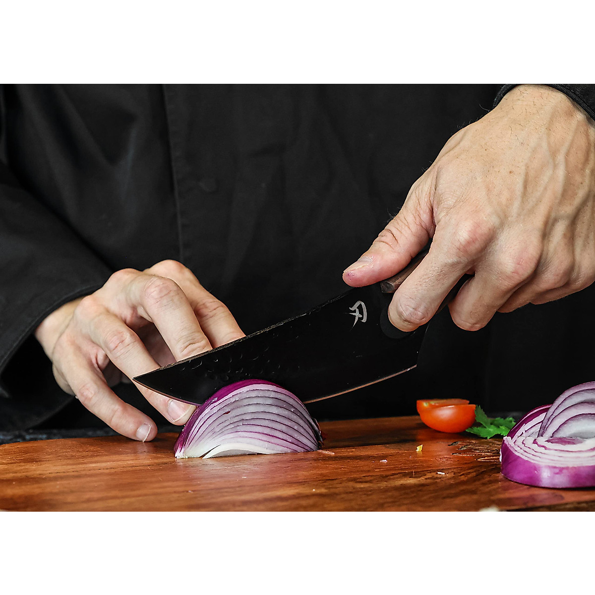 An amazing Hand Forged Butcher Knife with Reinforced Black Titanium Coated Blade that is perfect for everyday kitchens, camping, and BBQ