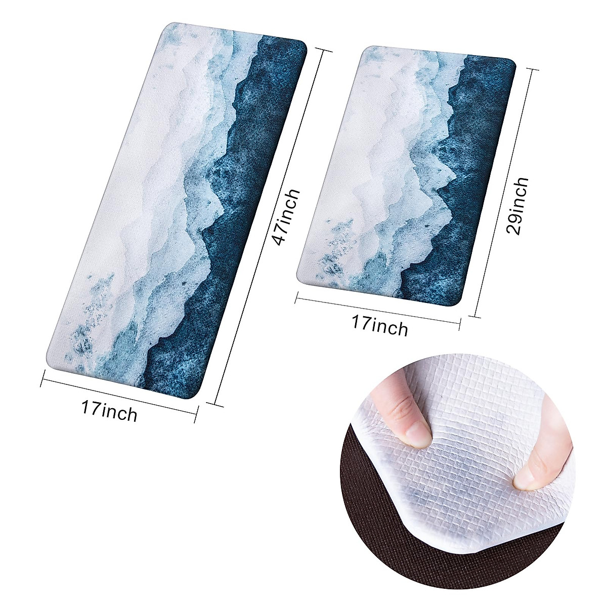 QiyI Floor Comfort Mats 2 Pieces Kitchen Rugs Leather Waterproof Oil Proof Runner Non Skid Standing Mat Set Anti Fatigue Padded Doormat 17" W x 29" L + 17" W x 47" L - Blue White Watercolor Mountain