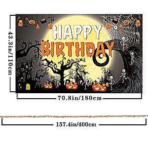 Famoby Happy Birthday Halloween Theme Fabric Sign Poster Banner Backdrop Halloween Pumpkin,Ghouls, bat,spide for Brithday Photo Booth Background Party Decoration