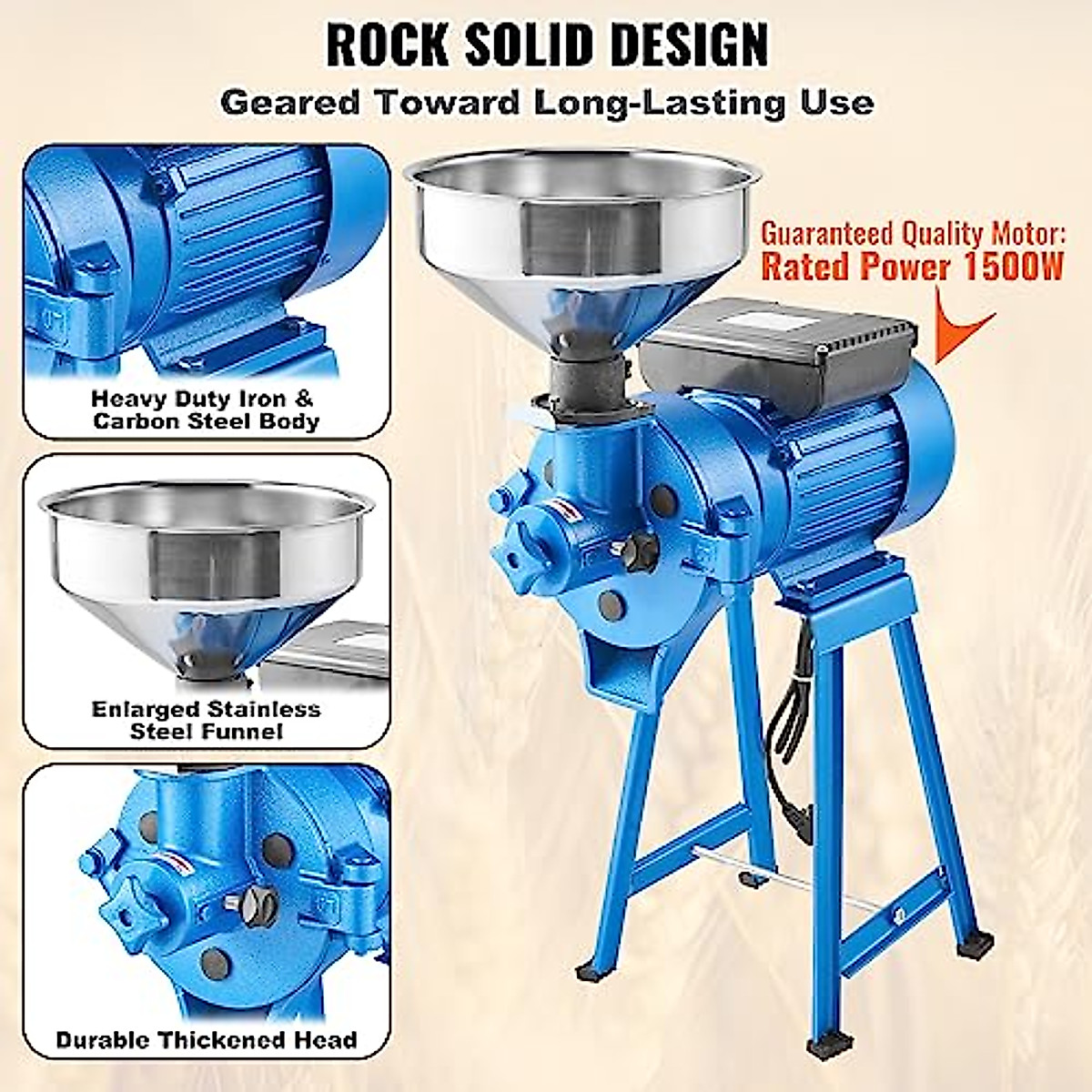 VEVOR Electric Grain Mill Grinder, 1500W 110V Spice Grinders, Commercial Corn Mill with Funnel, Thickness Adjustable Powder Machine, Heavy Duty Feed Flour Cereal Mill Wheat Grinders, Dry & Wet Grinder