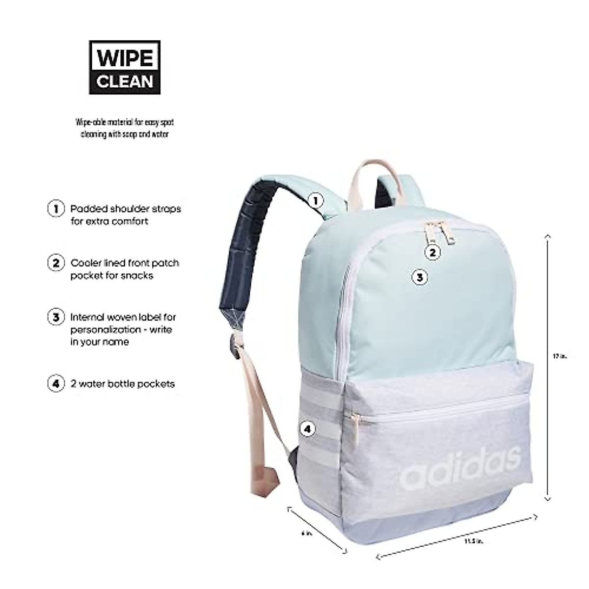 adidas Classic 3S Backpack, Jersey White/Halo Mint Green/Violet Tone Purple, One Size