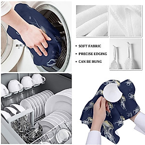 Chees D Zone Kitchen Towels Cotton Dish Towel,Ocean Jellyfish Sea Monster on Navy Blue Soft Dishcloth Absorbent Tea Towel,Marine Life Seamless Reusable Washable Hand Towels 2 Pack