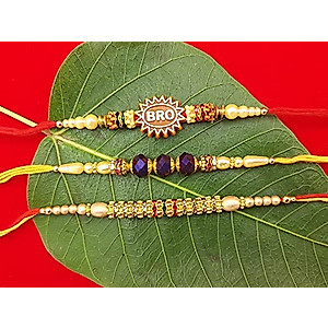 Palak Global Rakhi Bracelet for brother, Unique Design Bhabhi, Sister, Father and celebration with Family, Raksha Bandhan holy Rakhi. (Rakhi Bro Stone - Set of 3, Small) (PLK12)