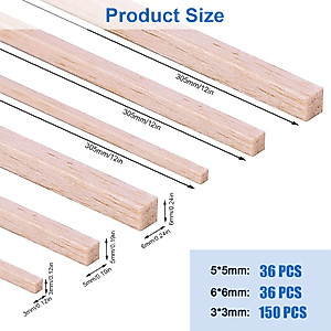 222 Pieces Wood Strips Balsa Square Wooden Dowels 1/8 Inch, 3/16 Inch, 1/4 Inch, Square Dowel Rods 12 Inch Hardwood Unfinished Wood Sticks for Crafts DIY Projects Models Making Supplies