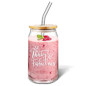 Nuanchu Birthday Glass Cups Gifts with Lid and Straw Not a Day over Fabulous Gifts 16th 21st 30th 40th 50th Birthday Decoration Clear Coffee Glass Cups for Women Coworker Employee Friend (30th)